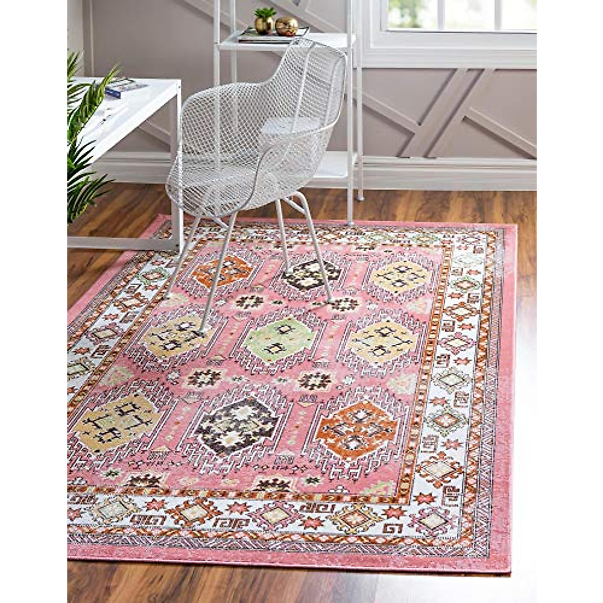 Unique Loom Aarhus Collection Geometric Border Rug_AAR004, 6 x 9 Feet, Rose/Ivory