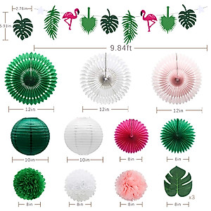 Meiduo Tropical Flamingo Palm Leaves Party Decorations with Paper Fans Paper Lanterns Pom Poms Flowers for Birthday Bridal & Baby Shower Bachelorette Hawaiian Beach Pool Summer (Green)