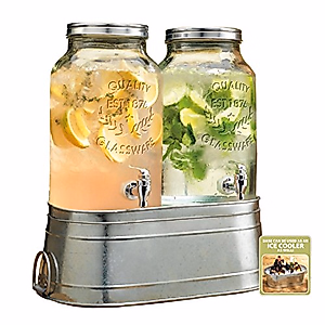American Reproductions Two (2) 1.5 Gallon Each Quality Ice Cold Clear Glass Mason Jug Beverage Drink Dispensers Galvanized Metal Display Stand/Ice Bucket-Easy Filling For Outdoor, Parties & Daily Use