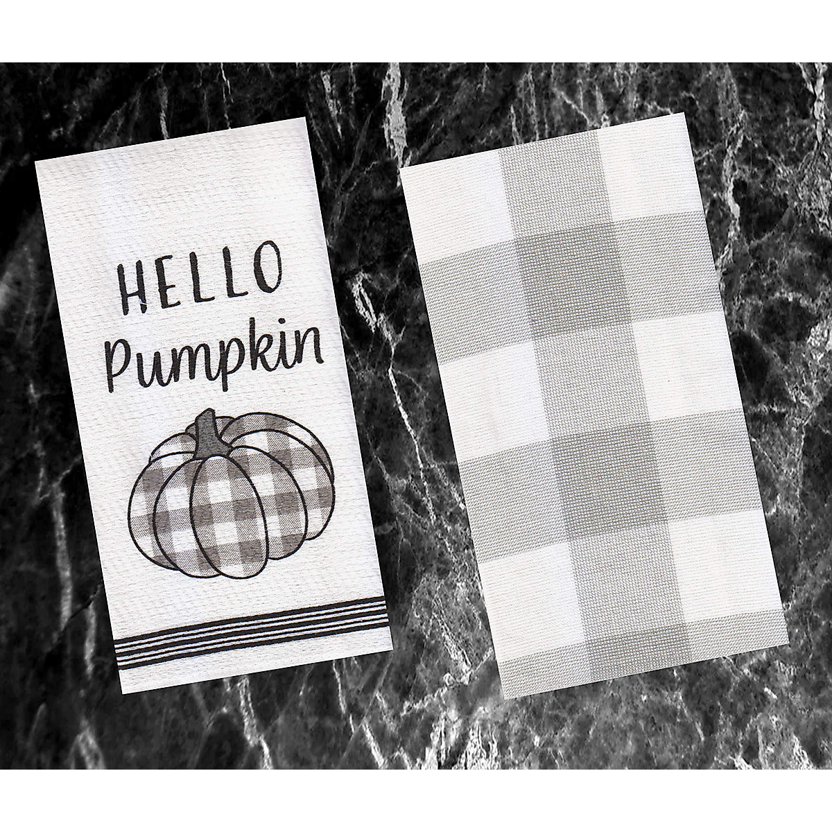 Mainstream Hello Pumpkin Kitchen Hand Towels, Grey and White Checked Buffalo Plaid, Set of 2 Coordinating Cotton Dishtowels for Fall and Thanksgiving Decorating, 16 x 26 inches