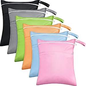 Kenning 6 Pack Wet Dry Bags for Baby Cloth Diapers Waterproof Wet Bag for Swimsuit or Wet Clothes with Two Zippered Pockets Reusable Travel Beach Pool Gym Bag for Wet Clothes, 6 Colors
