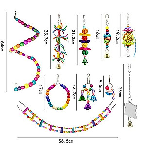 FuTaiKang Bird Toys, 10 Packs Parakeet Budgie Cage Toys Swing Chewing Hanging Parrot Perches with Bell,Wooden Ladder Hammock for Conures,Cockatiels,Budgie and Lovely Birds