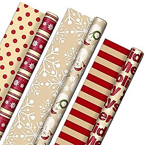 Hallmark Reversible Christmas Wrapping Paper (3 Rolls: 120 sq. ft. ttl) "Merry Holidays," Snowflakes, Snowmen, Red Stripes