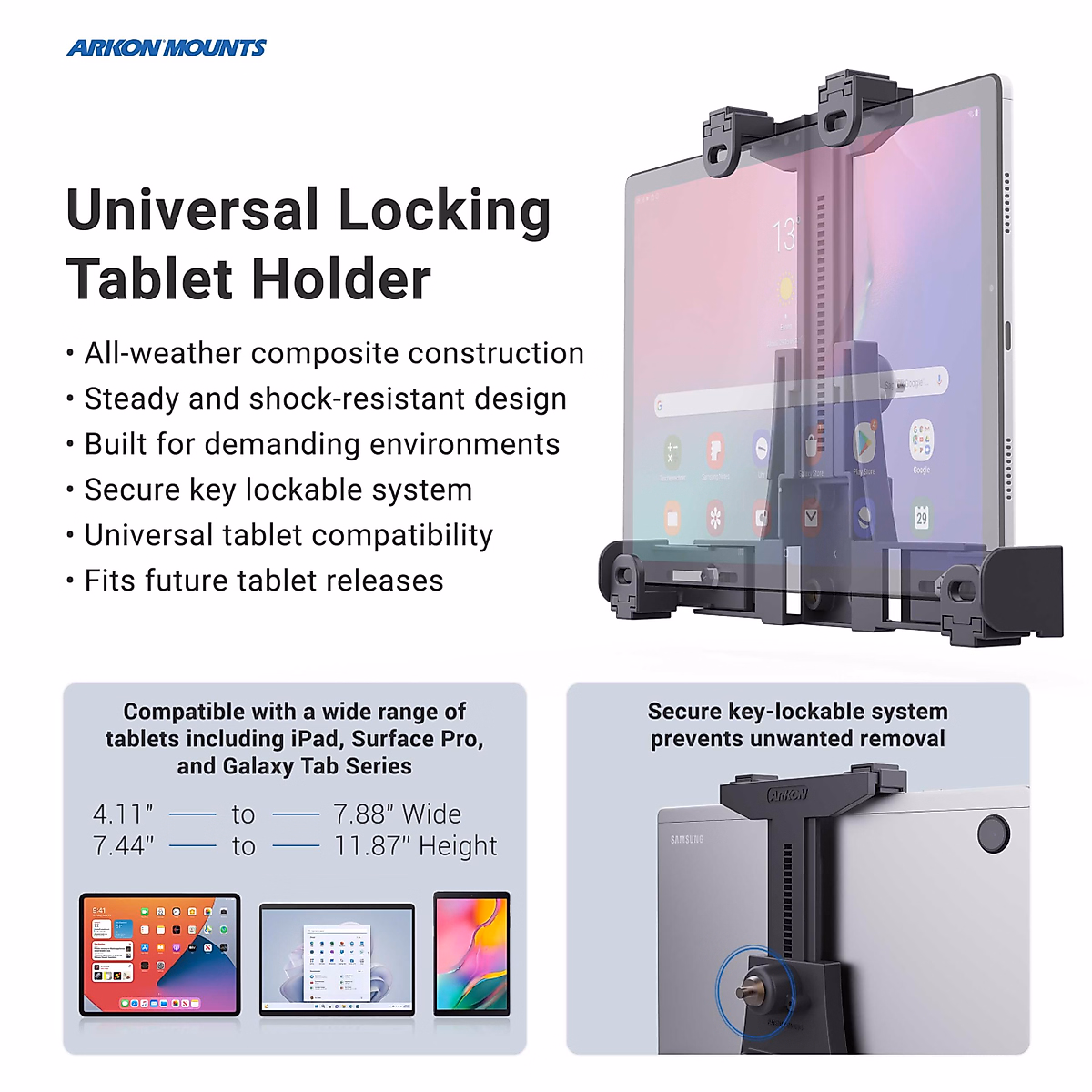 ARKON Mounts - Forklift Tablet Mount with Front Guard Mount | Tablet Mount for Forklift | Locking Holder with Keys & Security Hardware | Compatible with Ipad, Samsung, and More