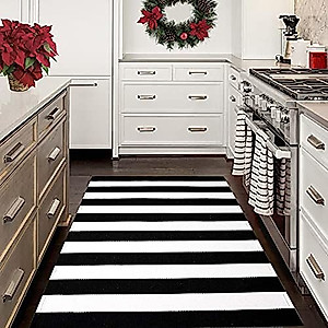 Black and White Striped Rug Outdoor Reversible Mat 35.4'' x 59'' Front Door Mat Hand-Woven Cotton Indoor/Outdoor for Layered Door Mats,Welcome Door Mat, Front Porch,Farmhouse,Kitchen,Entry Way