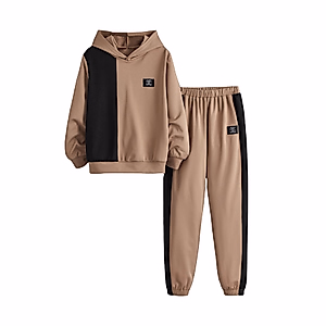 SOLY HUX Boy's 2 Piece Outfit Drop Shoulder Pullover Sweatshirt and Jogger Sweatpants Hoodie & Pants Set Black and Brown 11-12Y