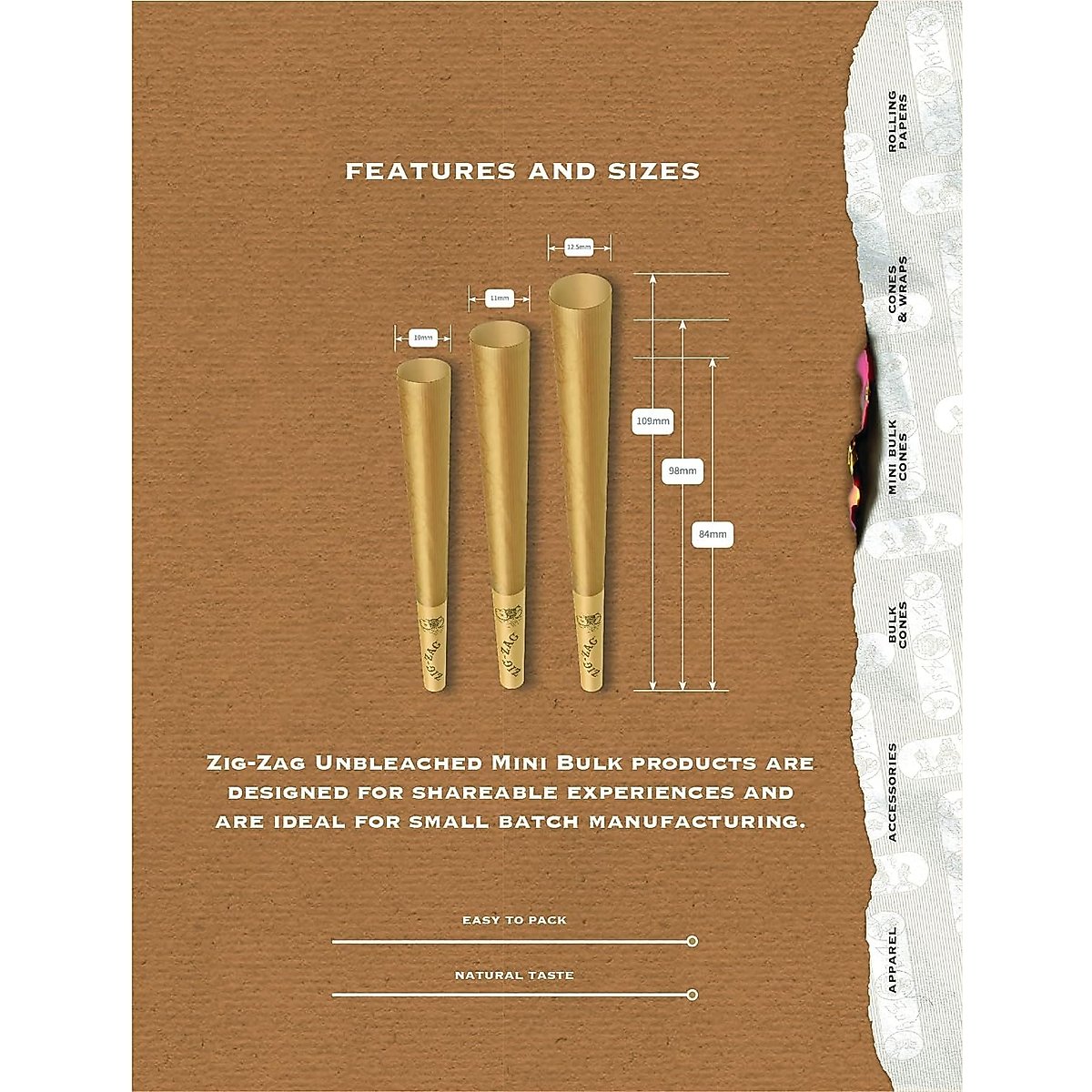 ZIG-ZAG Pre-Rolled Cones - Natural Unbleached Pre Rolled Rolling Papers Bulk Pack - Easy to Use and Convenient - 1 ¼-Inch Size - Pack of 50