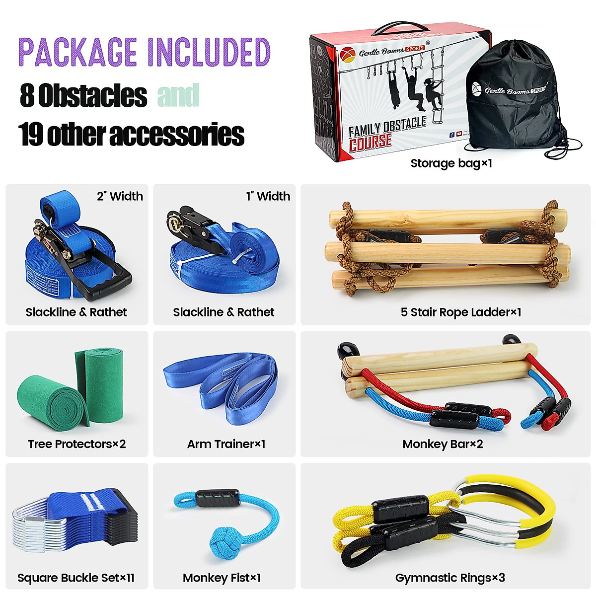 2×56ft Ninja Warrior Obstacle Course for Kids - 600 lbs Weight Capacity, Slackline Obstacle Course with 8 Ninja Accessories - Monkey Bar, Rope Ladder, Gymnastic Ring, Arm Trainer and Monkey Fist