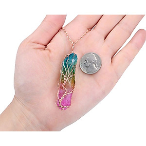 PESOENTH Life Tree Rainbow Quartz Crystal Gemstone Reiki Healing Rock Raw Stone Chakra Pendant Necklace Women Rose Gold Wire Wrap Gemstone Necklace Jewelry Gifts