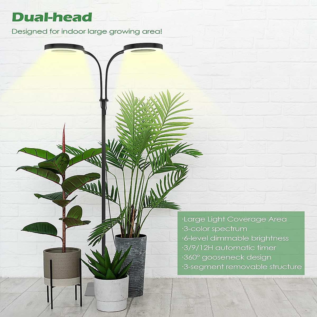 PRONORO Grow Light, 2-Head LED Floor Plant Growing Lamp, Full Spectrum Plant Light for Indoor Plants, Extended&Built-in Power Cord, Automatic On/Off Timer, 6-Level Dimming, Adjustable Height of 63 in