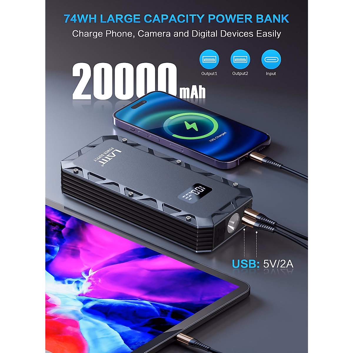 LATIT 2000A Peak Car Jump Starter, 20000mAh 12V Booster Pack Jump Starter for Up to 7.5L Gas/6.5L Diesel Engine, Powerful Jump Starter Battery Pack with Smart Jumper Cable, LED Light and LCD Display