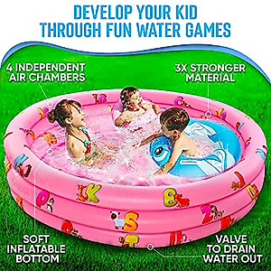 Inflatable Kiddie Pool for Kids - Kids Pools for Backyard - Swimming Pool for Kids, Toddlers, Baby - 3 Ring Pools for Inside and Outside - Durable Material with Soft Blow Up Bubble Botton, Pink