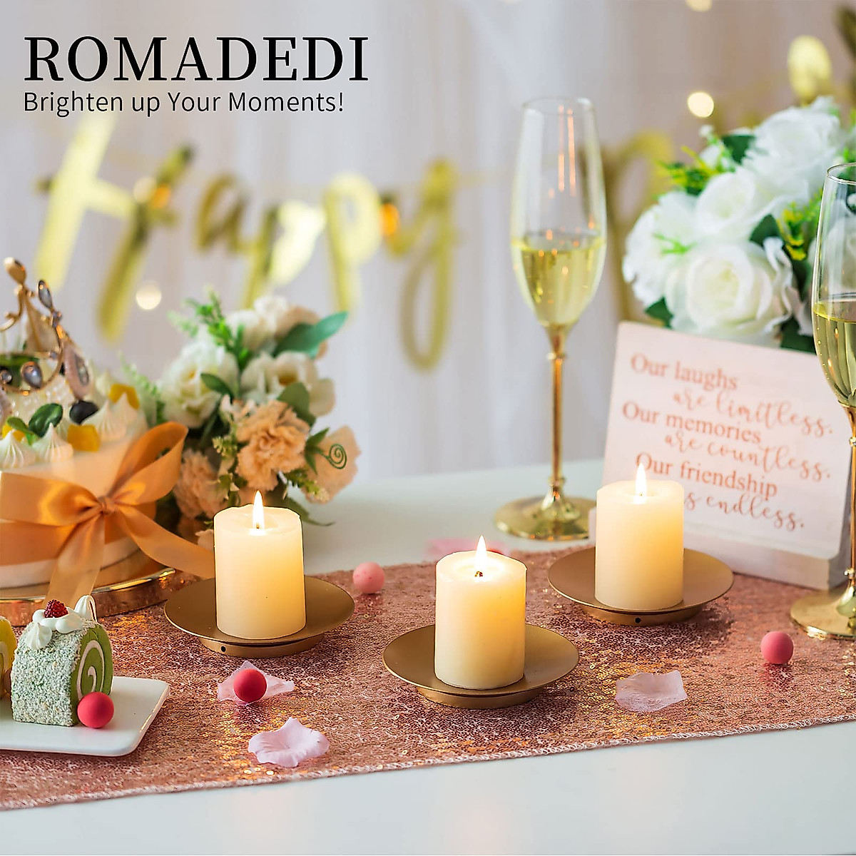 Romadedi Iron Plate Candle Holder, Gold Candle Holders for Pillar Candles, Set of 4 Small Candle Tray, Pillar Candle Holder Plate Metal Candle Stand for Coffee Table Decor, Wedding, Party, Home Decor