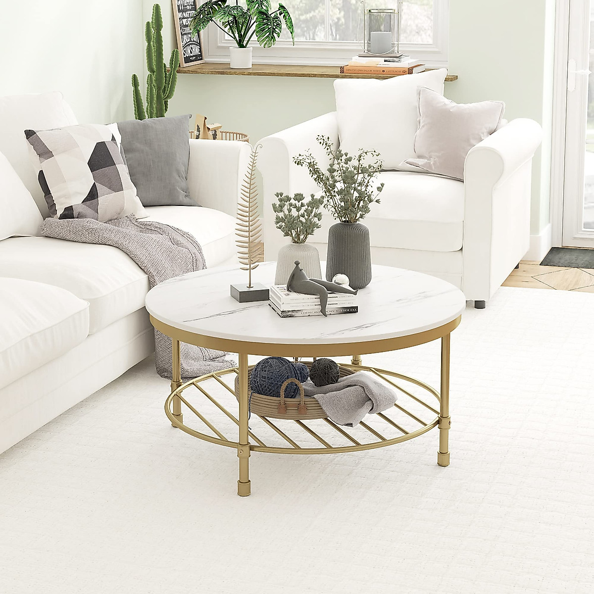 Gezen Round Coffee Table for Living Room, 2-Tier Modern Coffee Table with Open Storage Shelf, Industrial Rustic Steel Accent Table, Wooden Tabletop, Metal Frame - Marble White with Gold Frame