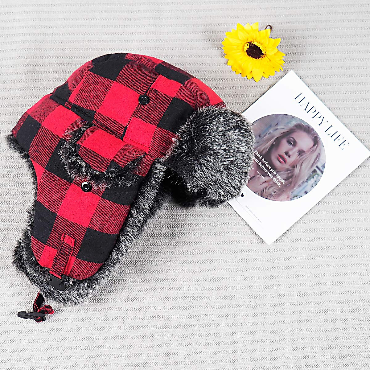 ONWAY Trapper Hat Winter Hats for Women Men with Faux Fur Ear Flaps Red