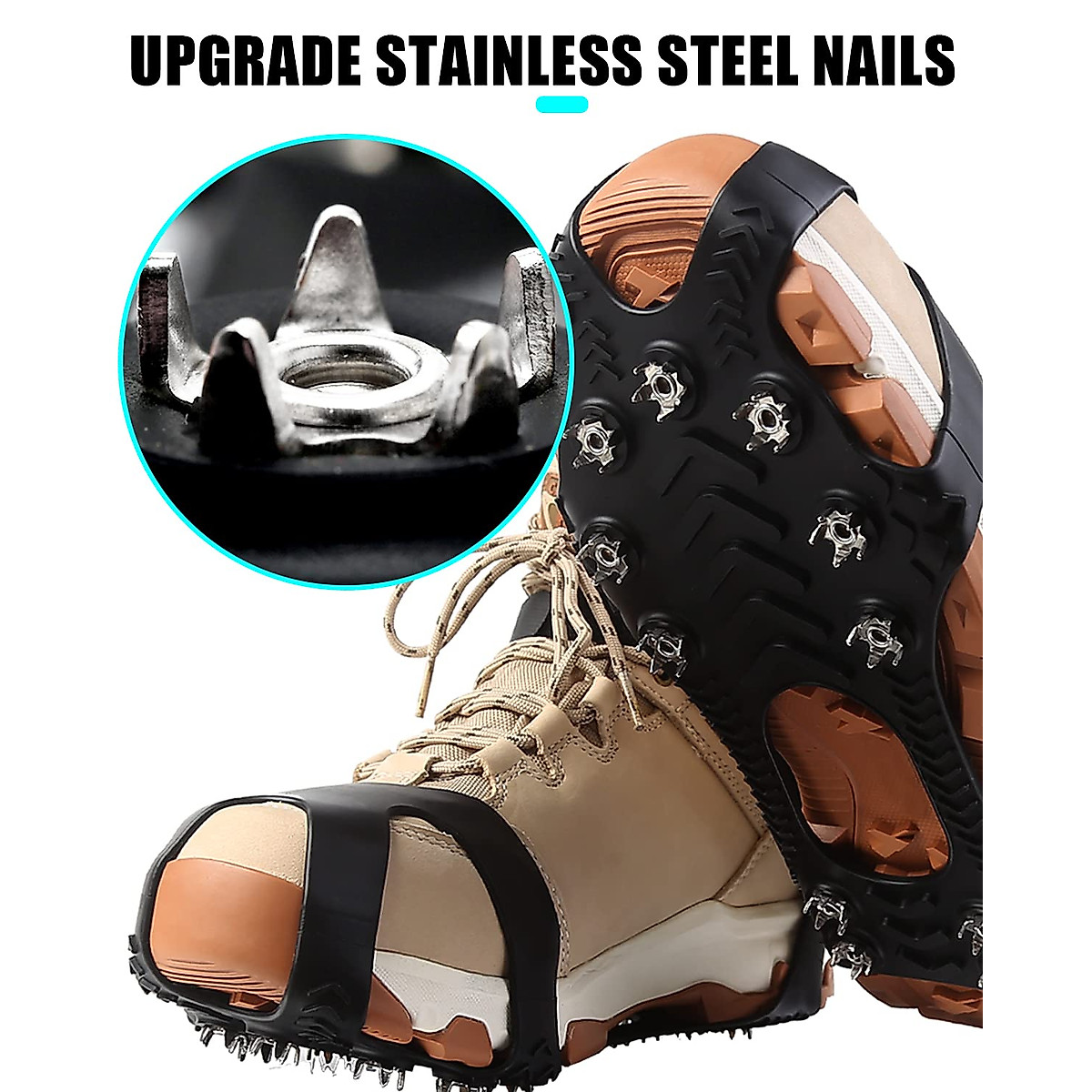 11 Spikes Crampons, Upgraded Version Stainless Steel Anti-Slip, Ice Cleats Traction Grips for Hiking Shoes and Boots, Safe Protect for Hiking Fishing Mountaineering Walking,Black,Large