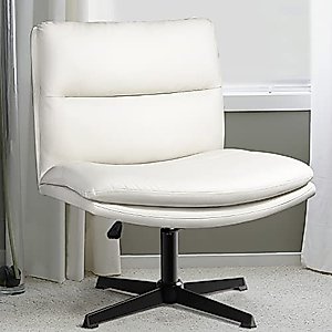 LEMBERI PU Leather Armless Office Desk Chair No Wheels,Criss Cross Legged Home Office Wide Padded Swivel Vanity Chair,120°Rocking Mid Back Ergonomic Computer Task Chair for Make Up,Small Space