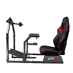 GTR Simulator GTA-F Model Black Frame Triple | Single Monitor Stand with Black Red Adjustable Leatherette Seat Racing Driving Gaming Simulator Cockpit Chair