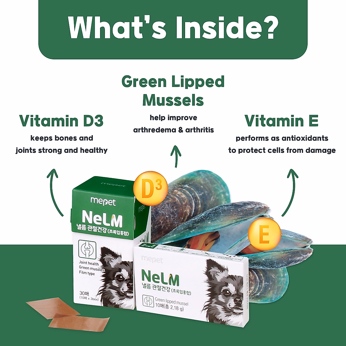 Mepet Joint Support for Dogs - Mouth Dissolving Strips, Green Lipped Mussel Hip & Joint Health Supplement, Vitamin D3 & E for Arthritis - No Allergen & Additive - Pet Health Supplies - Beef, 30 Strips