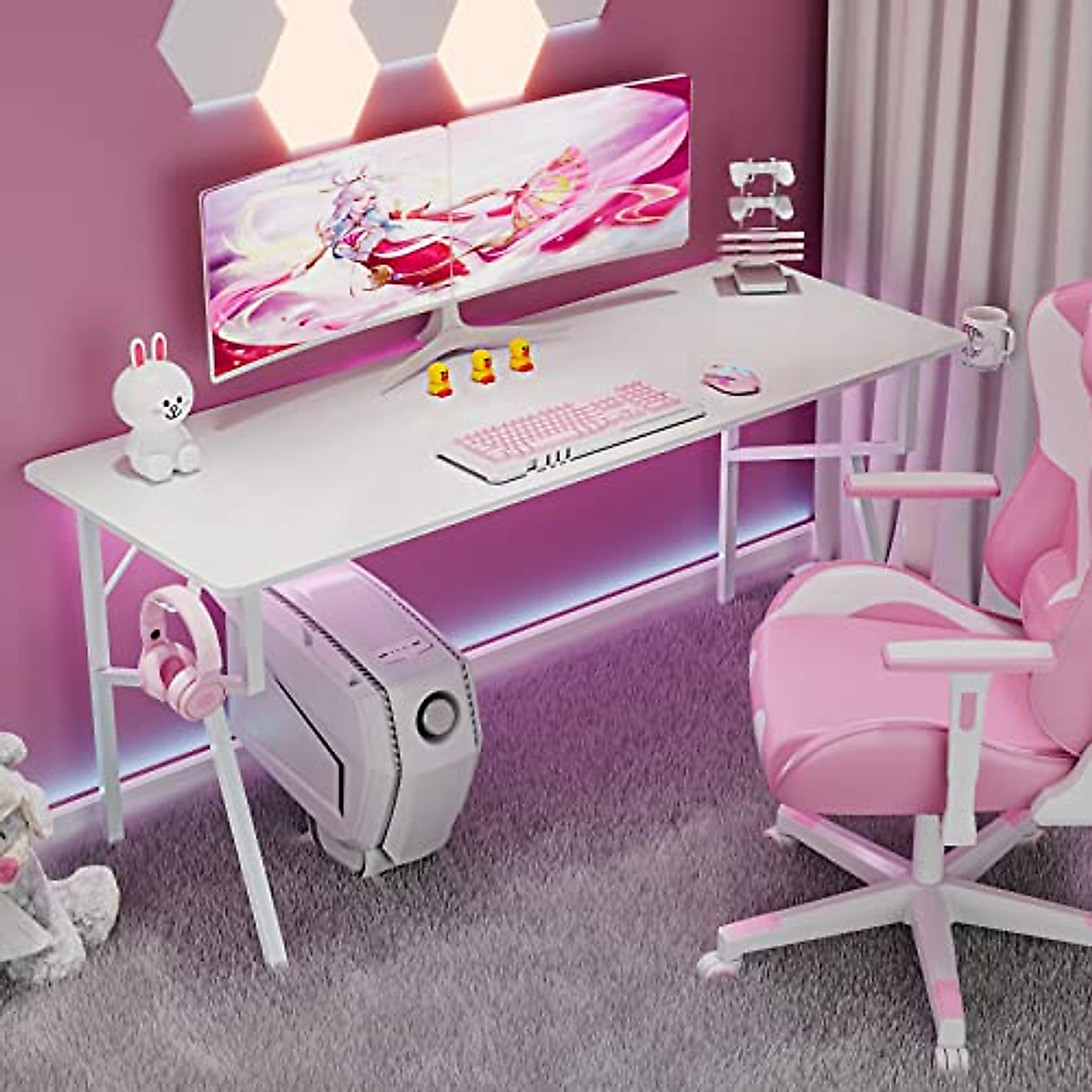 EUREKA ERGONOMIC White Computer Desk, 63 x 24 Inch K Shaped Long Gaming Desk for Home Office Work Study Writing Table with Cable Management, Cup Holder, Headphone Hook, Mouse Pad, Easy to Assemble