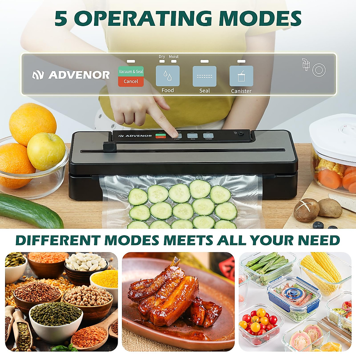 ADVENOR Vacuum Sealer Machine with Cutter Widened Double Sealing Strips and Bag Storage, 85Kpa Dry Moist Food Modes Upgraded Locking Design Includes 2 Bag Rolls 8.6"x16'and 11"x16'