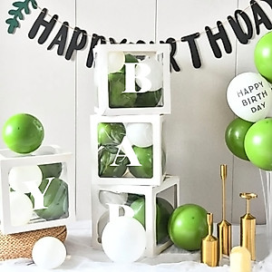 JOYYPOP Baby Boxes with Letters for Baby Shower, 4 Transparent Balloon Boxes with 16 Letters for Boys & Girls Birthday, Gender Reveal Decorations and Wedding Party(White)