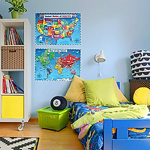 United States & World Map Poster for Kids - 2 Pc - 24 x 18 Inch Waterproof USA & Map of the World Poster - Kids US Maps for Wall Posters for Learning, Classroom, Education, Back to School Resources
