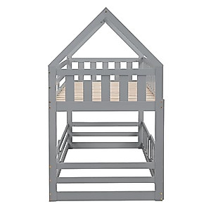 DRELOFT Twin Over Twin Floor Bunk Bed with Roof, Twin Low House Bunk Bed Frame with Ladder, Fence and Door for Kids Teens Boys Girls, Easy Assembly, Gray