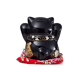 Gvuha Chinese Feng Shui White Ceramic Lucky Cat Figure Maneki Neko Fortune Cat Money Box Lucky Charm Piggy Bank Small 12x12x14CM(4.72x4.72x5.51Inch),Black,L