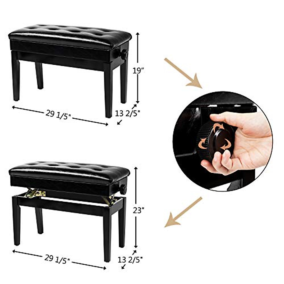 Bonnlo Adjustable Duet Piano Bench with Storage Black Faux Leather Piano Stool Deluxe Padded Seat with 2” Thick Cushion