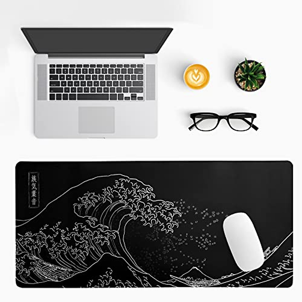 Japanese Sea Wave Gaming Mouse Pad 31.5x11.8 Inch Anime Black Mouse Pad Big Kanagawa Large Mousepad Extended Non-Slip Rubber Base Waterproof Big Keyboard Mat with Stitched Edges for Gaming and Office