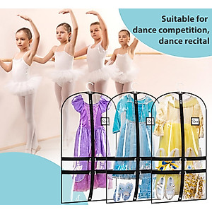 SLEEPING LAMB 3 Packs Clear Dance Garment Bags for Dancers with 4 Pockets, 40" Kids Dance Costume Garment Bag, Hanging Clothes Cover for Dance Competition, Recital, Travel & Closet Storage, Black
