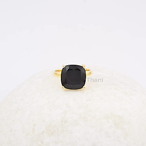 Black Onyx Ring, 12mm Cushion Gemstone Ring, Gold Plated Ring, 925 Solid Silver Ring, Gift for Bridesmaid, Women Ring (Gold Plated, 4.5 US)