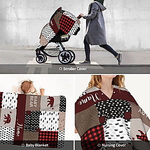 Personalized Baby Car Seat Canopy with Name, Custom Name Car Seat Covers for Boys Girls, Opening Minky Nursing Breastfeeding Stroller Cover Infant Carseat Canopies for Newborn (Woodland Bear Red)