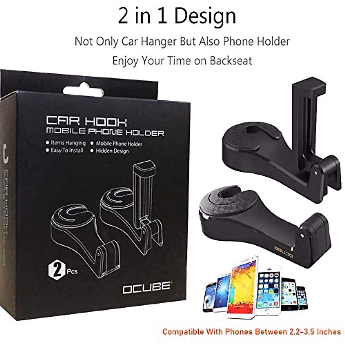 OCUBE Car Hooks Car Seat Back Hooks with Phone Holder, (2 Pack) Universal Vehicle Car Headrest Hooks Hanger with Lock and Phone Bracket for Holding Phones and Hanging Bag, Purse, Cloth, Grocery-Black