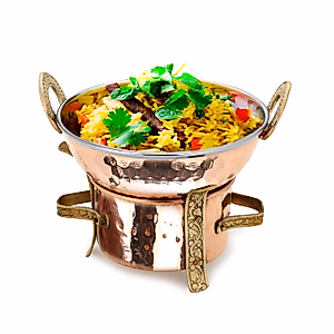 Zap Impex Indian 3 Pieces Serving Set Copper Karahi, Angithi and Serving Spoon Stainless steel set for 1 Person