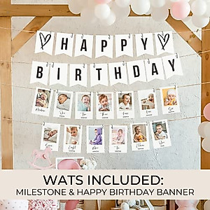 Beautiful 1st Birthday Photo Banner From Newborn to 12 Months - The Perfect Party Decoration for Your Baby Girls or Boys First Birthday - 13 Reversible Milestone Cards From Newborn to 13 Years