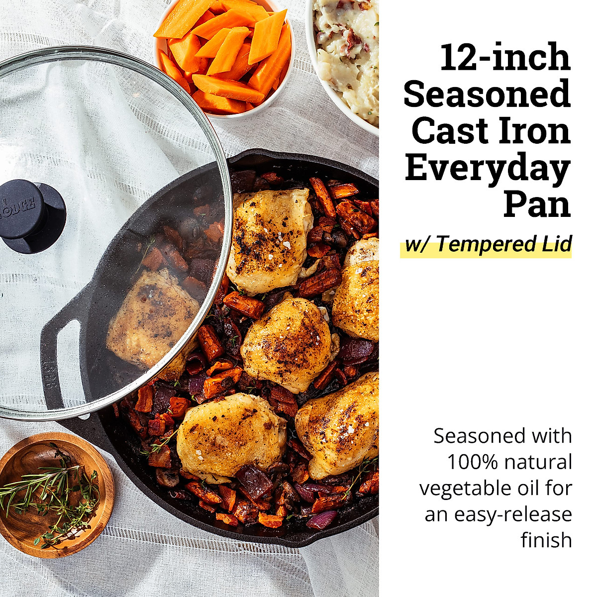 Lodge 12 Inch Cast Iron Everyday Pan - Chef Collection - Use on Oven, Stove, Grill, or Fire - Easy to Clean - Cast Iron Pan with Lid - Durable Cookware