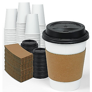 Ginkgo [100 Pack 12 oz Disposable Thickened Paper Coffee Cups with Lids and Sleeves, To Go Hot Coffee Cups for Home, Office, Wedding and Cafes