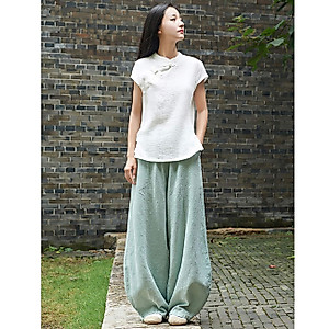 IXIMO Women's Casual Cotton Linen Baggy Pants with Elastic Waist Relax Fit Lantern Trousers Green XL