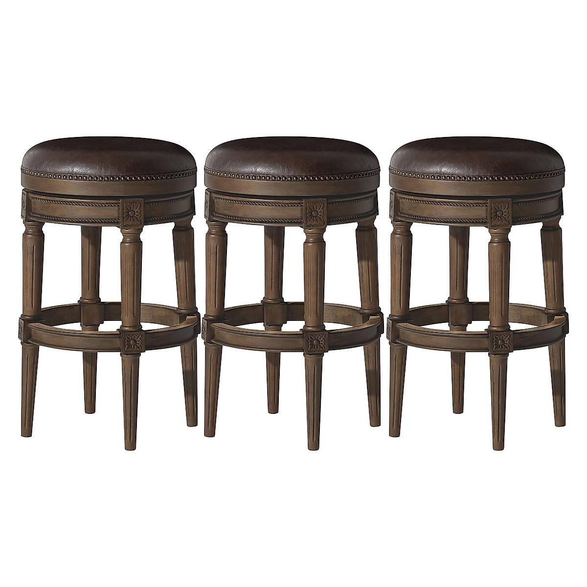 Maven Lane Pullman 31 Inch Tall Bar Height Upholstered Backless Barstool in Walnut Finish with Marksman Saddle Vegan Leather Cushion Seat, Set of 3