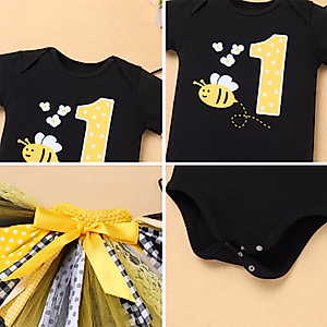 IDOPIP Baby Girls My 1st Birthday Outfit Bumble Bee Costume Dress up Short Sleeve Romper Tutu Skirt Headband 3PCS Clothes Set for One Year Old Girl Cake Smash Photo Shoot Black Bee 9-12 Months