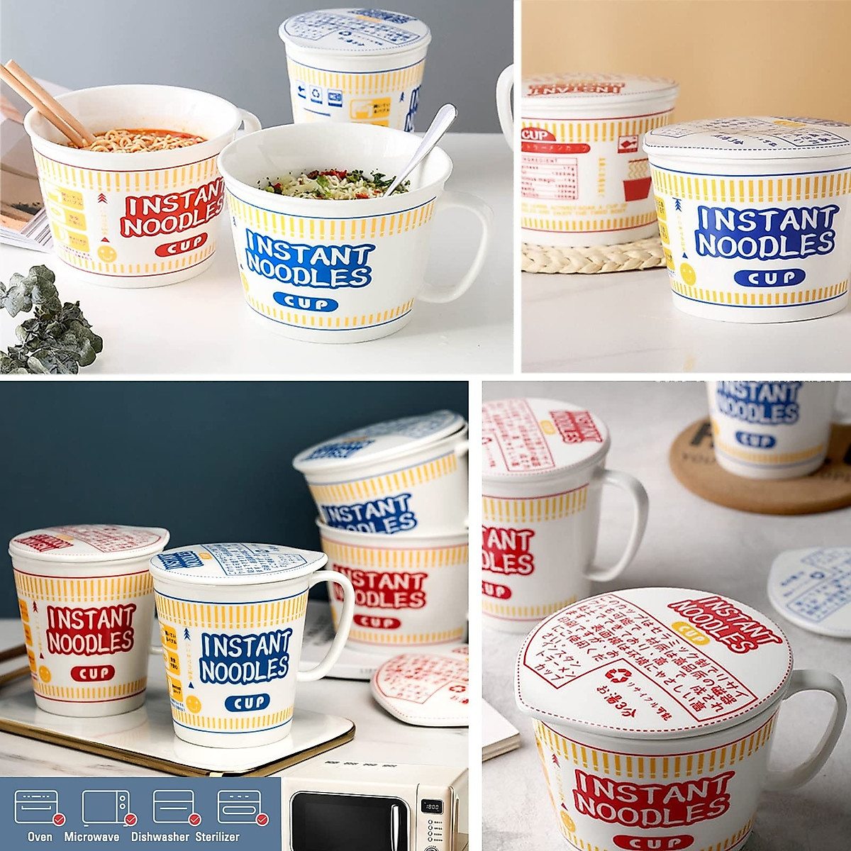 Hanghaijia Instant Noodle Bowl Ceramic with Cover, Creative Ramen Soup Bowl Mug Cover Student Lunch Box Bowl (Color : Red, Size : S)