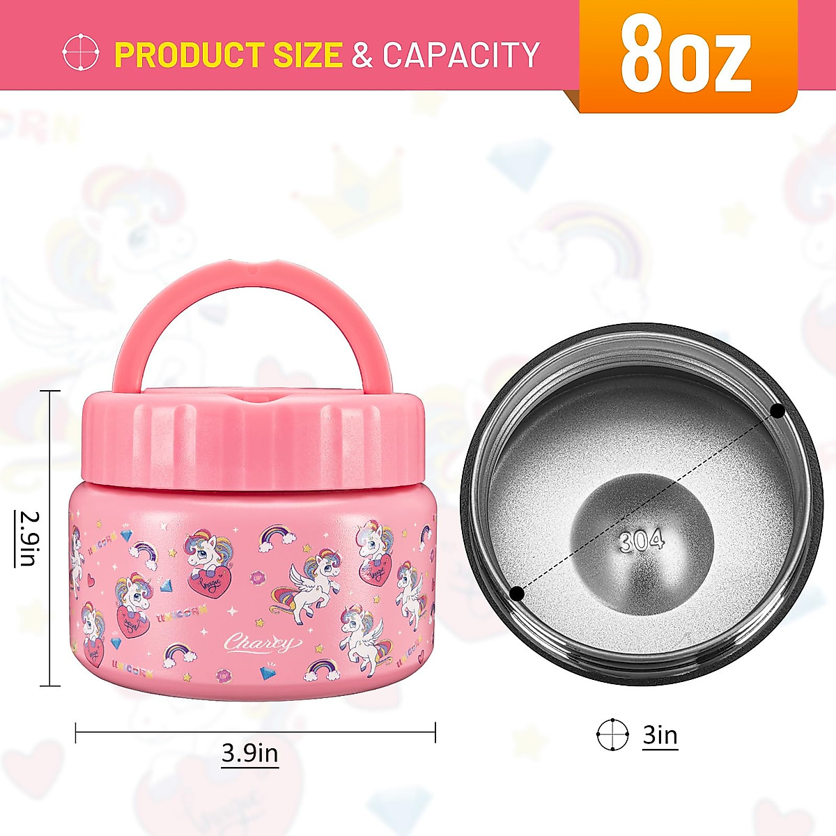 Charcy 8oz Thermo for Hot Food Kids, Wide Mouth Leak-Proof Soup Thermo, Insulated Food Jar for 4h Hot and 6h Cold - Pink Unicorn Y