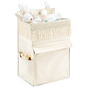 Mkono Diaper Organizer Caddy Macrame Hanging Baby Diaper Storage for Crib Changing Table Essentials Bag Boho Decor Diaper Stacker Holder for Nursery Bedroom, Newborn Gift, Ivory