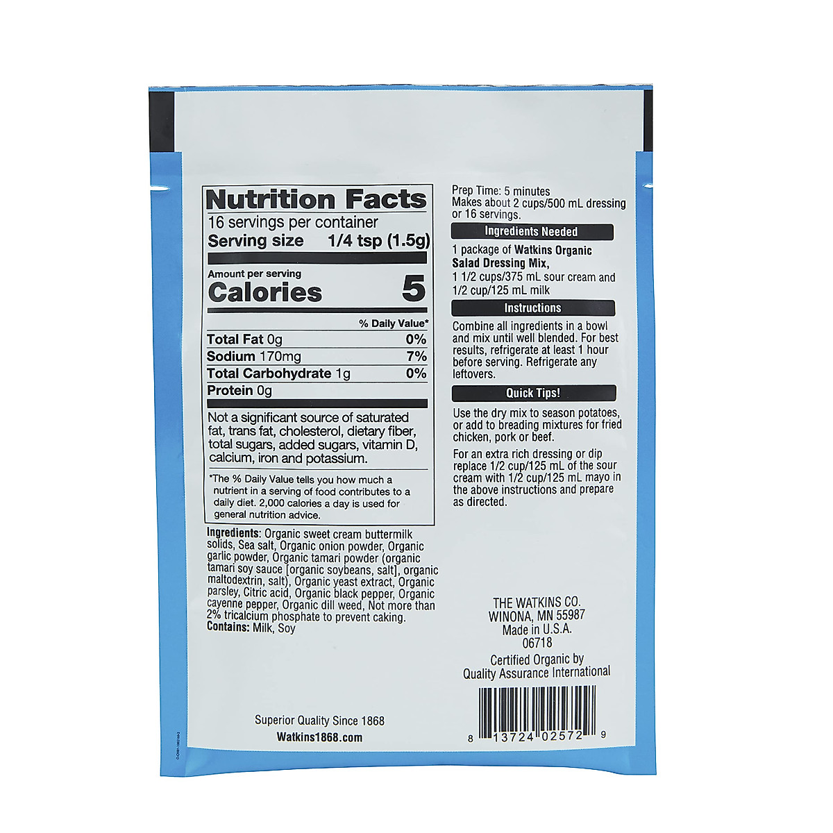 Watkins Organic Ranch Salad Dressing Mix, 0.85 oz. Packets, 12-Pack