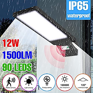 12W Solar Street Light Outdoor IP65 Waterproof,1500LM Dusk to Dawn Wireless Security Solar Power Flood Lights 10000K Cold White,90leds Motion Sensor Lamp 3 Lighting Modes for Deck,Garden,Gutter,Yard