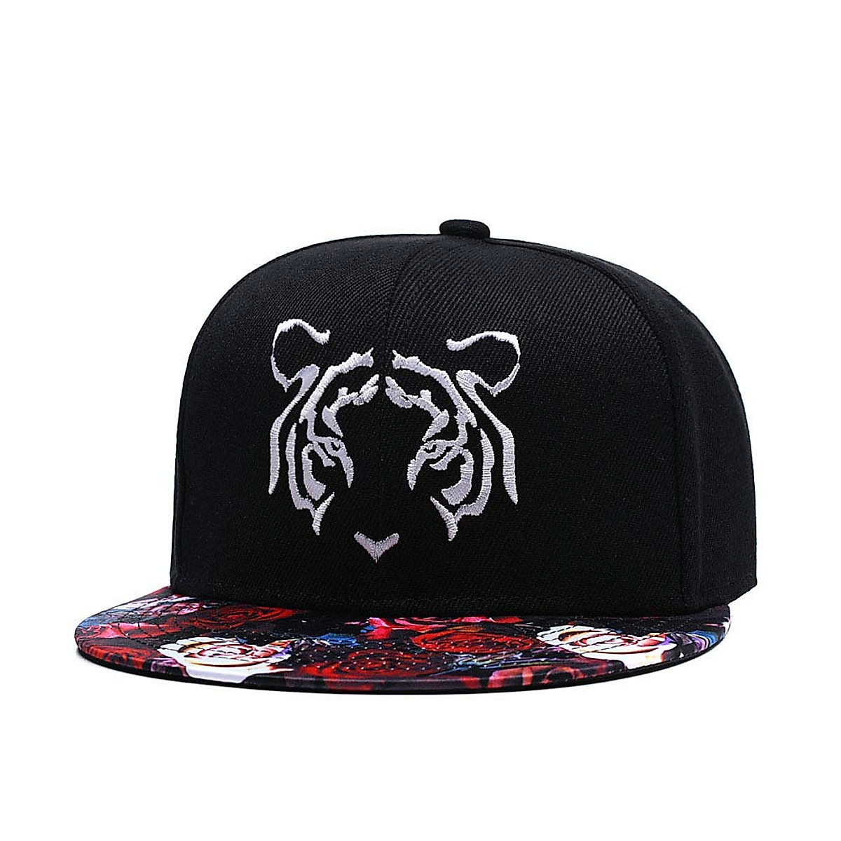 Floral Printed Snapback Hat Mens Womens Hip Hop Flat Bill Tiger Adjustable Baseball Cap Black