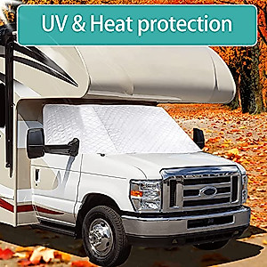 VOGREX RV Windshield Sunshade Cover Class C Compatible with Ford E450 1997-2023 UV Block RV Front Window Cover Sunshade Motorhome Windshield Snow Cover with Mirror Cutouts, Elastic Corner Bands