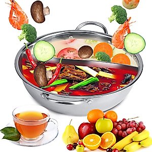 Stainless steel pot with divider, two-flavor separation induction cooker, double-sided soup cooker double-flavor Chinese shabu-shabu, suitable for family gatherings(34CM)